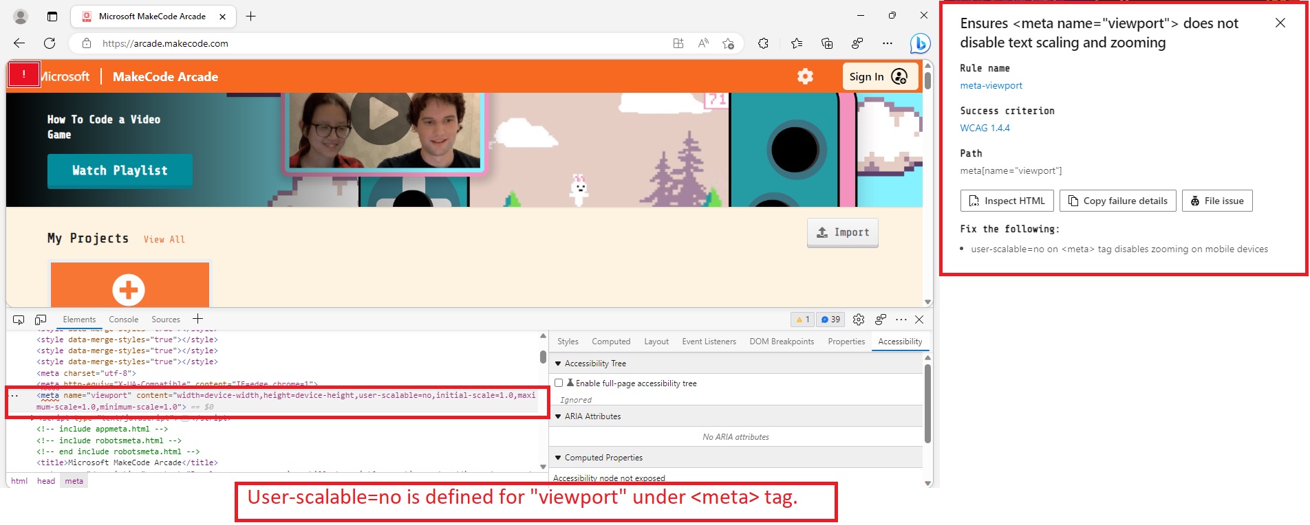 [Programmatic Access - Make code - My Projects]: User-scalable=no is defined for "viewport ...