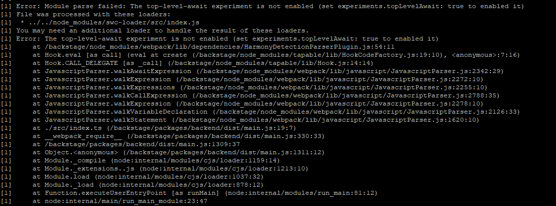 馃悰 Bug Report Failing To Start Backend Top Level Await Not Enabled 路 Issue 14680 路 Backstage