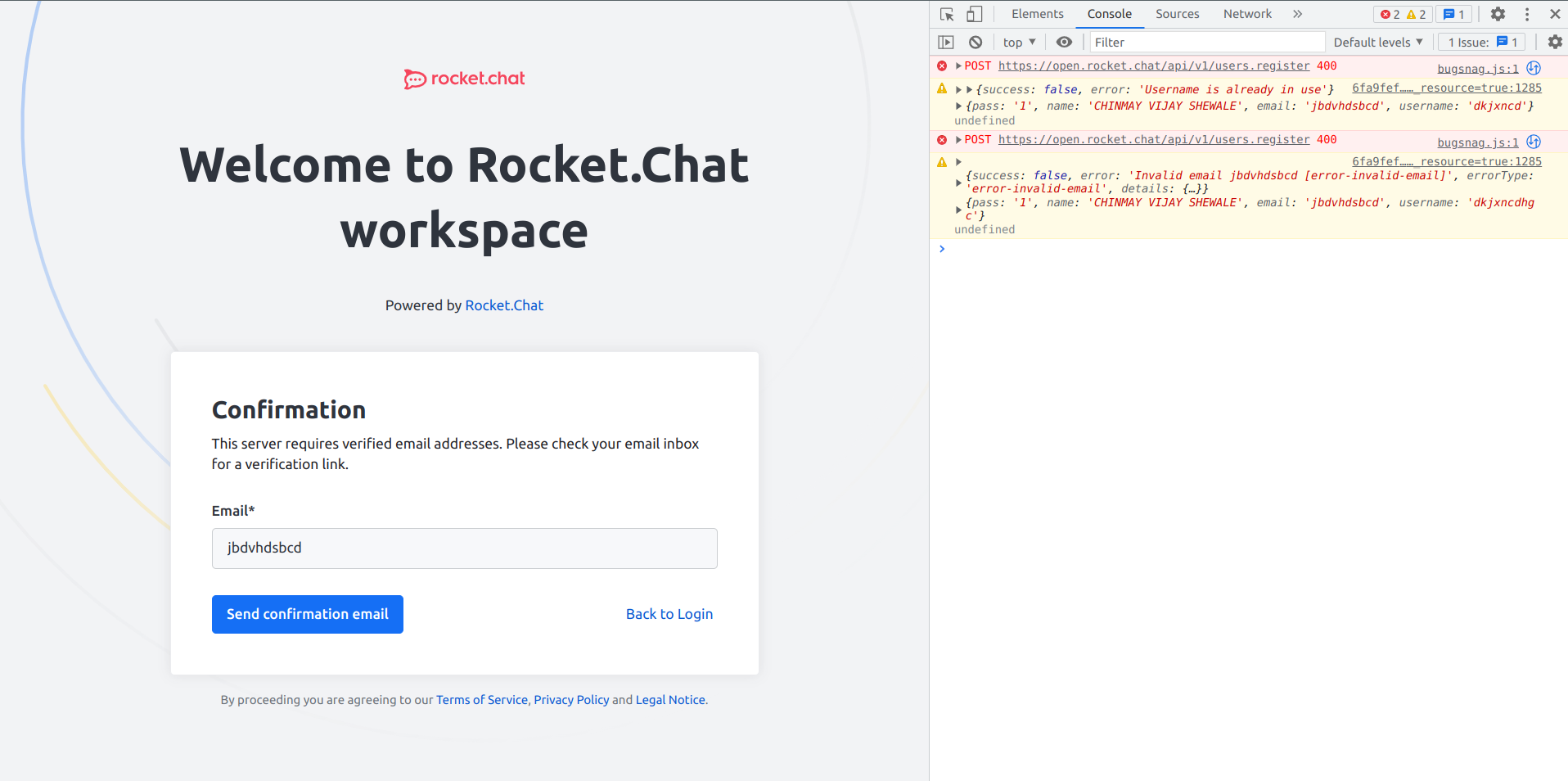 No prompt for invalid email address and user routed to further steps · Issue #28279 · RocketChat ...