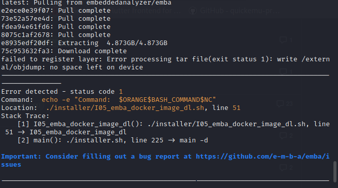 error no more space.... but plenty of diskspace available · Issue #378 · e-m-b-a/emba · GitHub