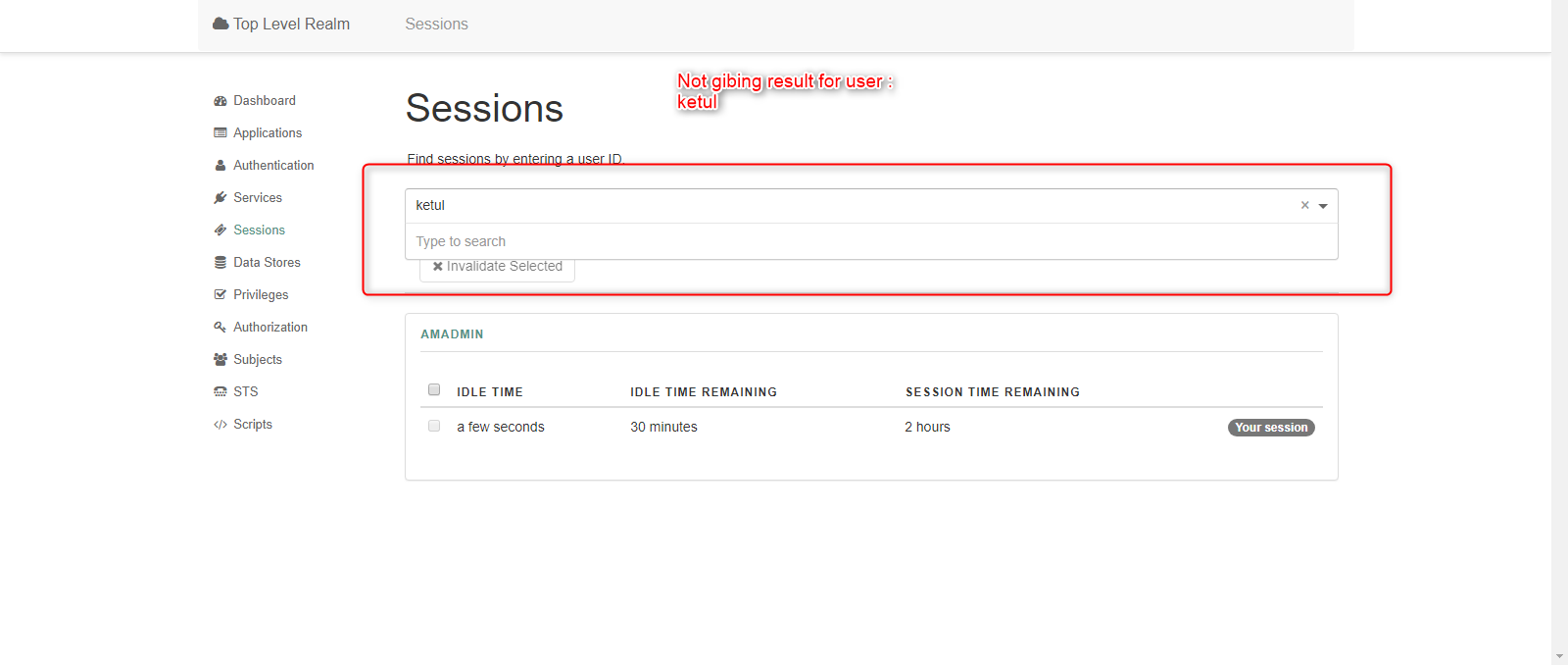 User Id Session filter on Top realm & Sub realm >> Sessions page not giving session details of ...