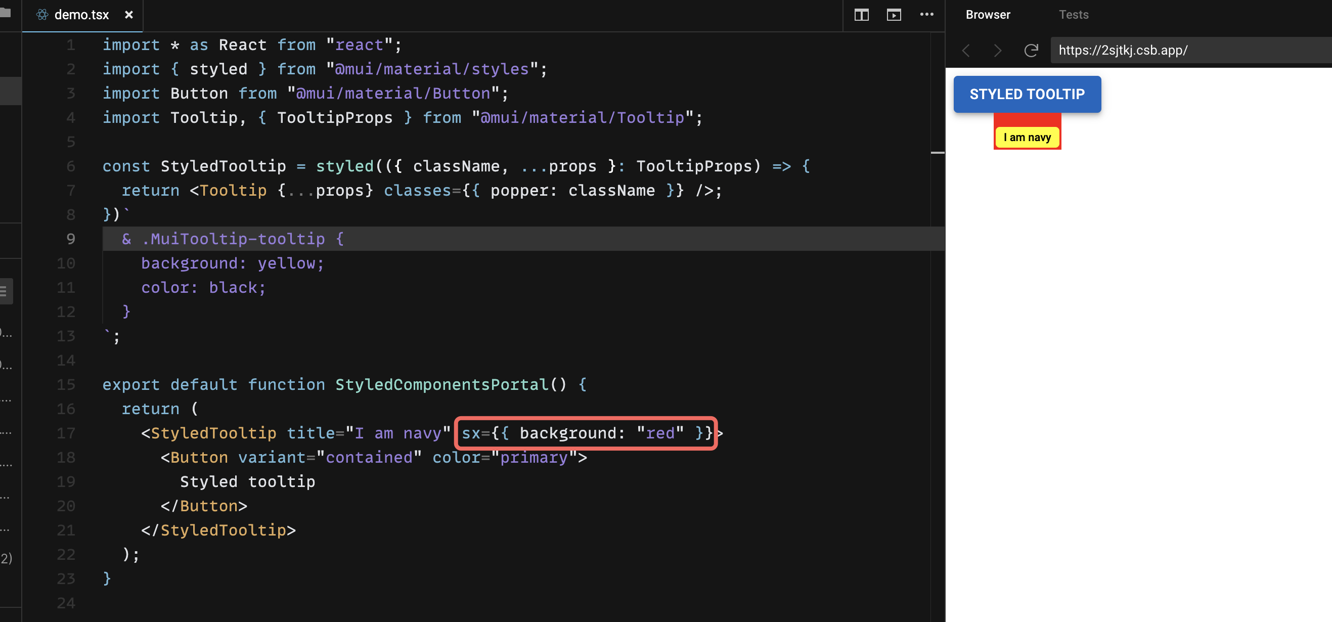 Tooltip With Styled Theme Can Not Set Sx Props For The Children Element 