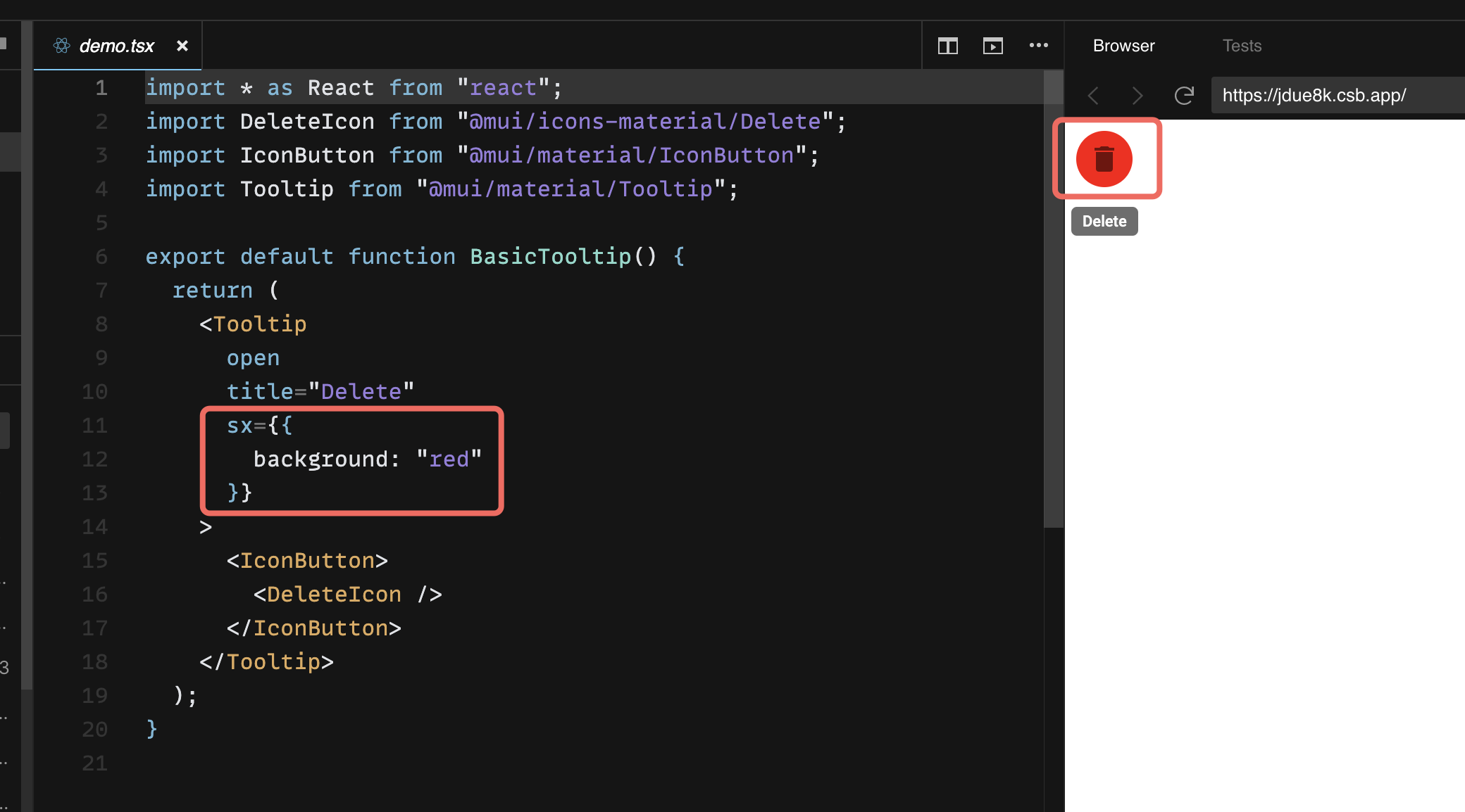 Tooltip with styled theme can not set sx props for the children element ...