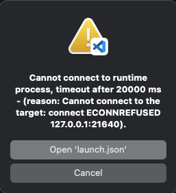 Can't Debug in VSCode - timeout after 10000ms ECONNREFUSED · Issue #630 ...