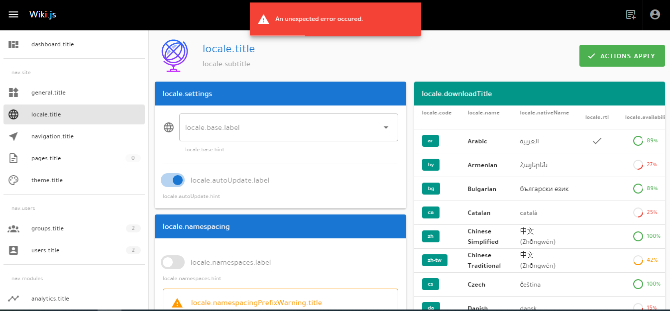 Error: Cannot read property 'isRTL' of undefined · Issue #1474 · requarks/wiki · GitHub