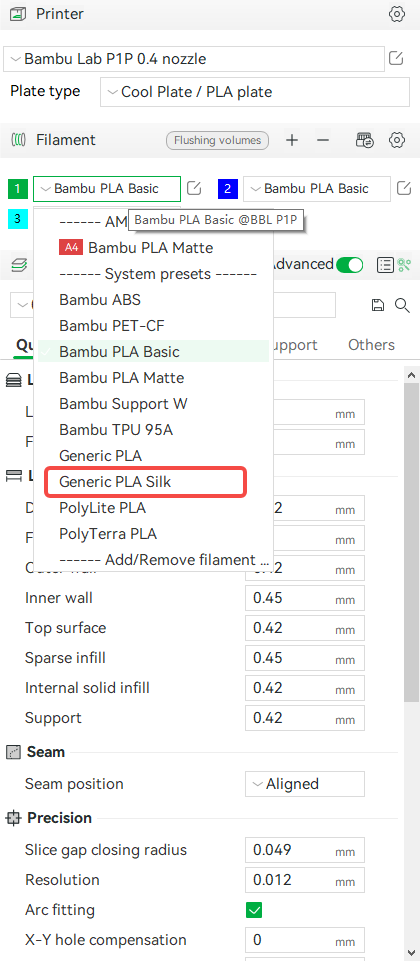 v1.6.0 Public Beta AMS selection wont let me select generic Silk PLA · Issue #1688 · bambulab ...