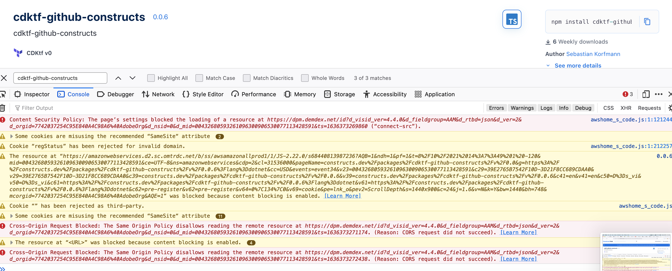 Package page: multiple errors on the browser's console · Issue #615 · cdklabs/construct-hub ...