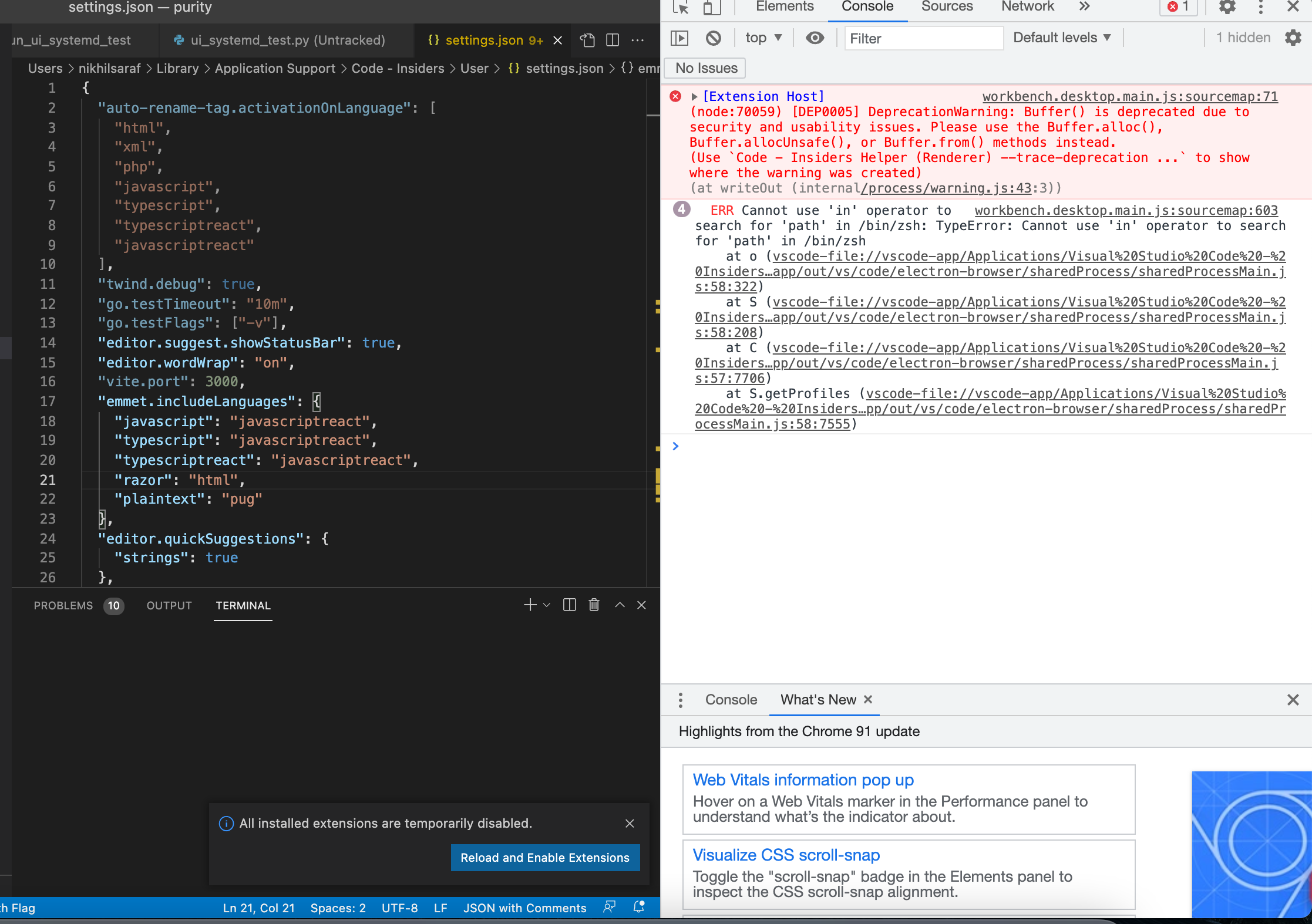 Integrated terminal doesn't start and the terminal controls on the top ...