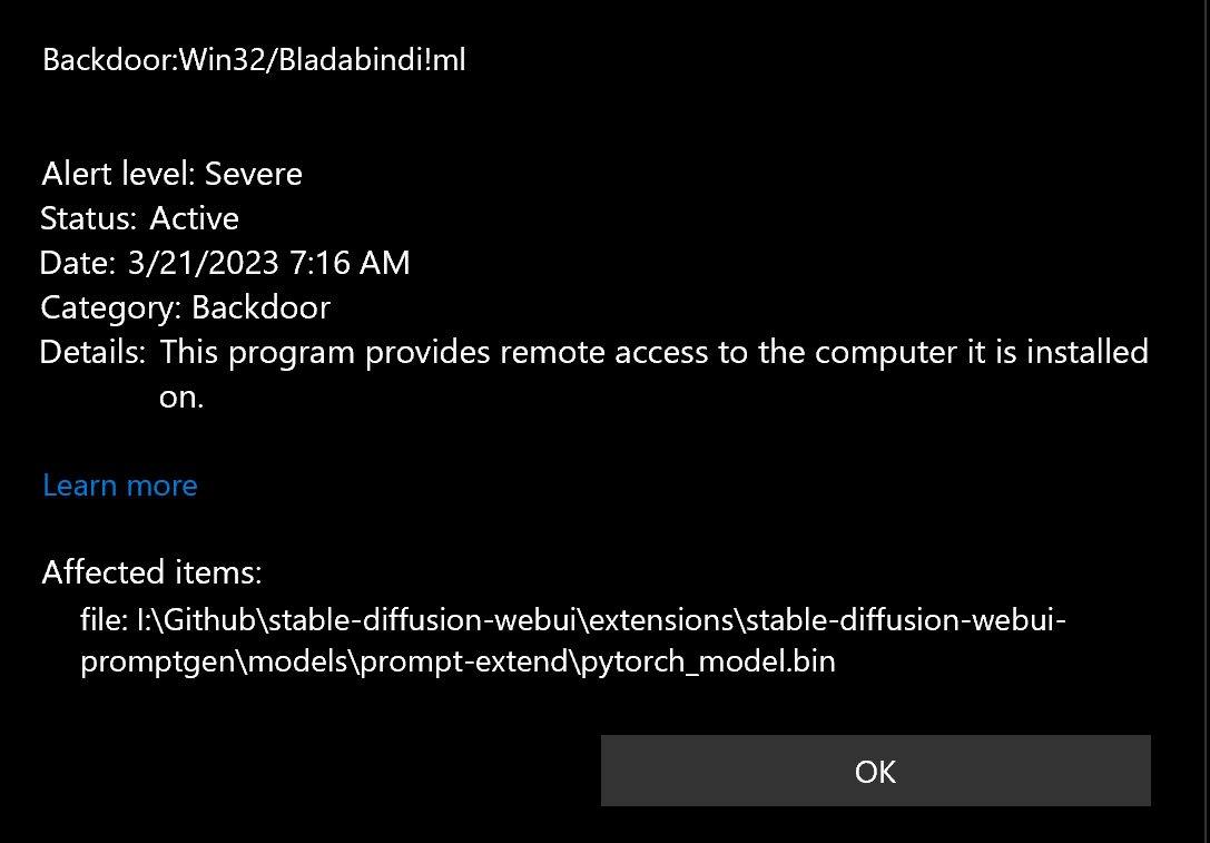 Backdoor:Win32/Bladabindi!ml · AUTOMATIC1111 stable-diffusion-webui · Discussion #8776 · GitHub