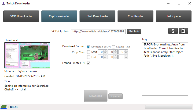 ERROR: Reading JArray from JsonReader. · Issue #353 · lay295/TwitchDownloader · GitHub
