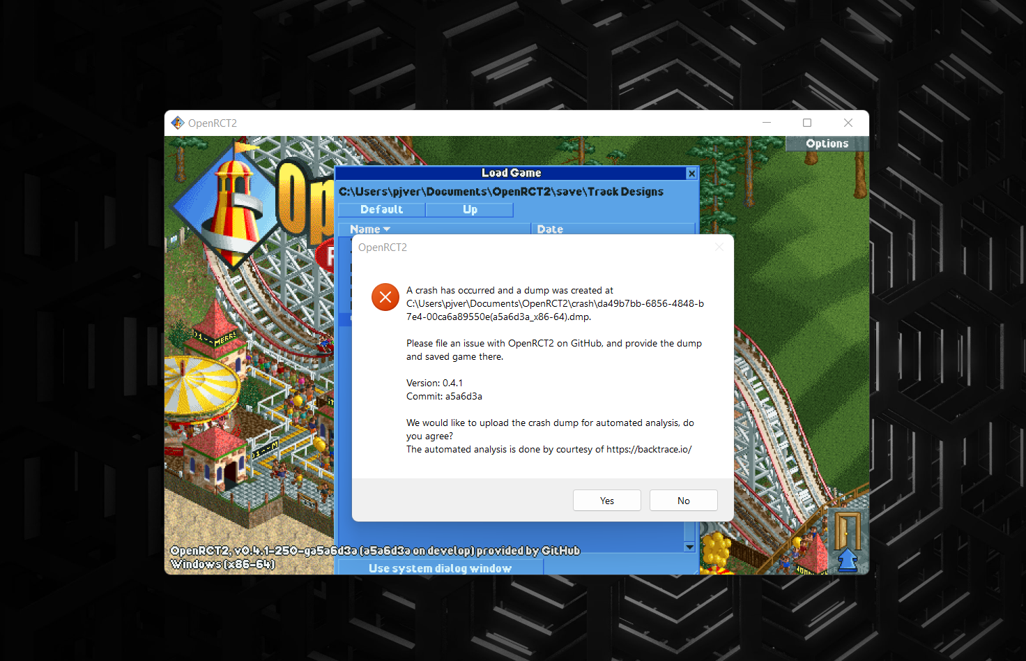 Save Game Wont Load And Instead Crashes The Game · Issue 17946 · Openrct2openrct2 · Github 