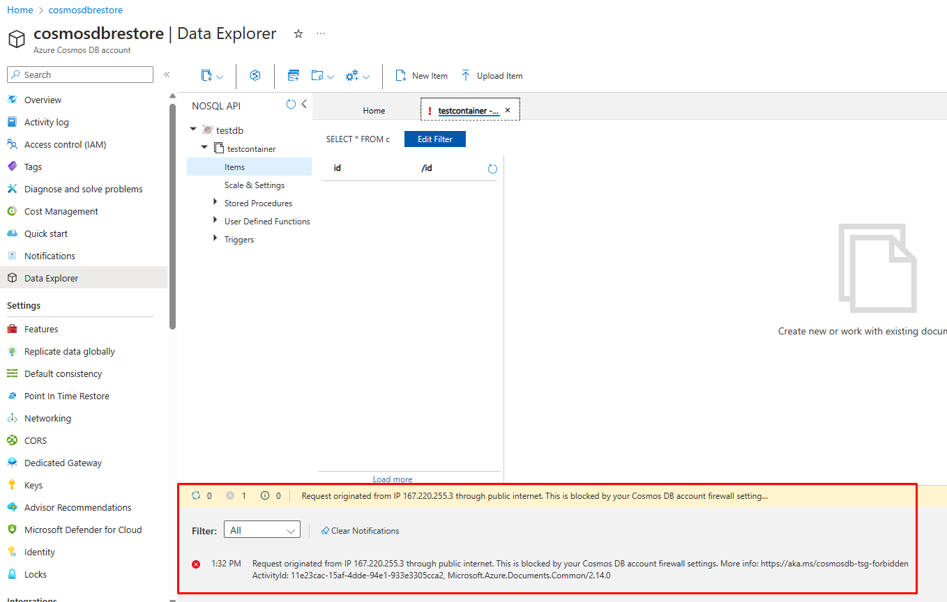 Need To Update The Allow Access From Azure Portal Option In Cosmos Db Networking Settings