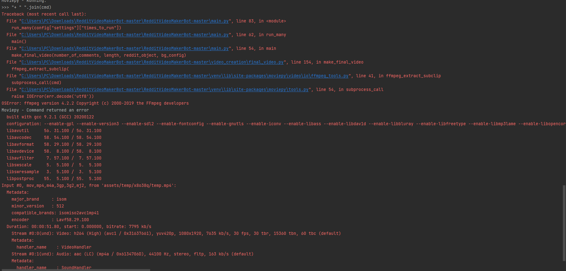 [Bug]: Moviepy - Command returned an error · Issue #1241 · elebumm/RedditVideoMakerBot · GitHub