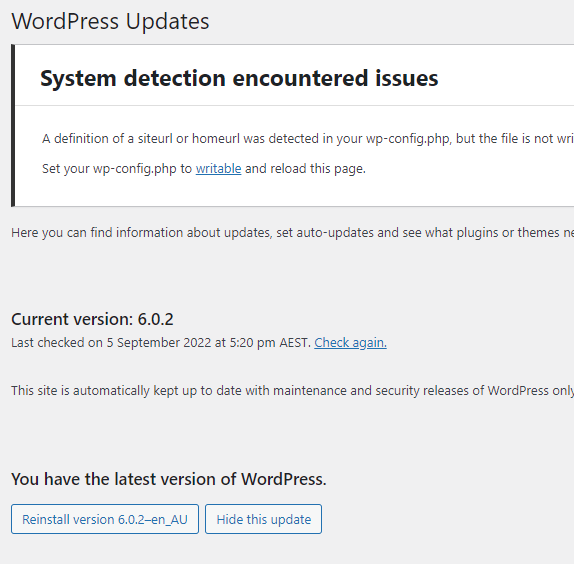 [wordpress] A definition of a siteurl or homeurl was detected in your wp-config.php, but the ...