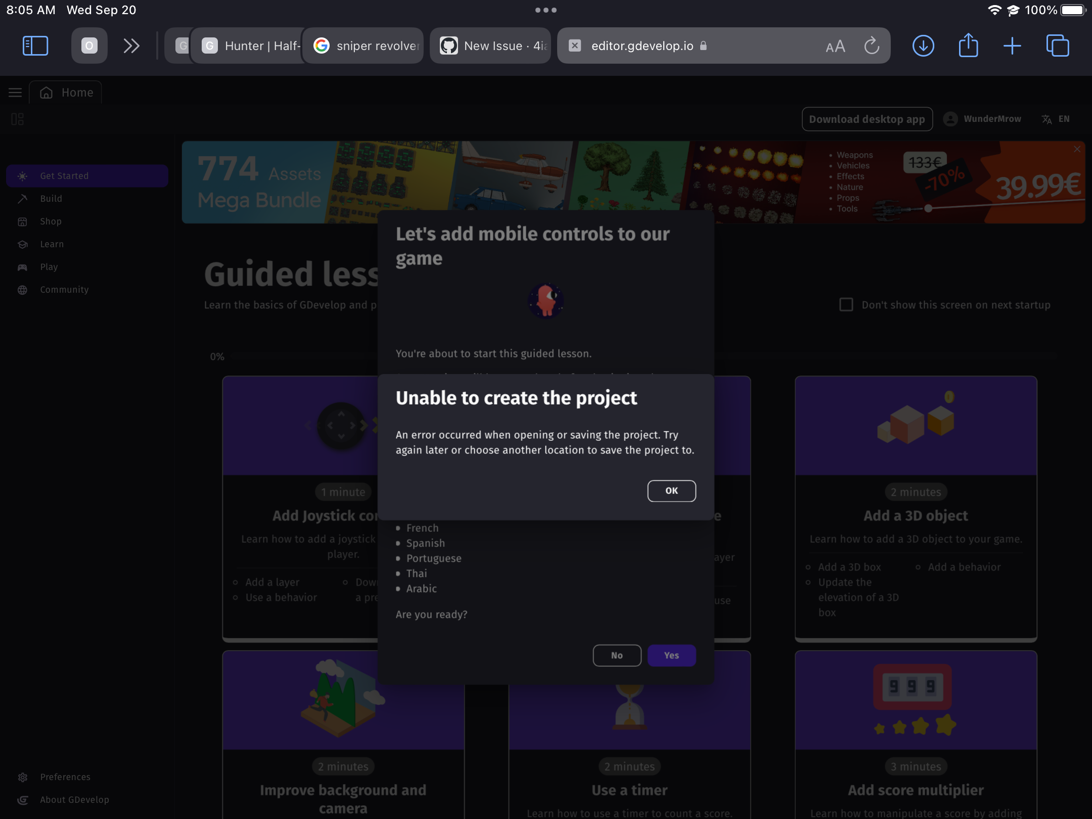 Unable to open a tutorial project · Issue #5671 · 4ian/GDevelop · GitHub