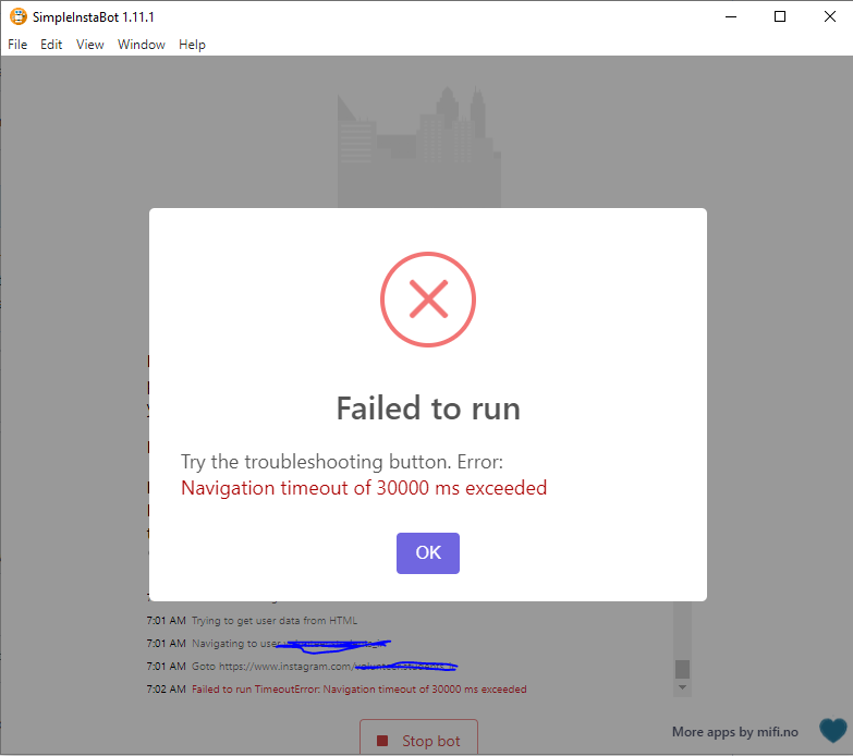 Failed to run TimeoutError · Issue #172 · mifi/SimpleInstaBot · GitHub