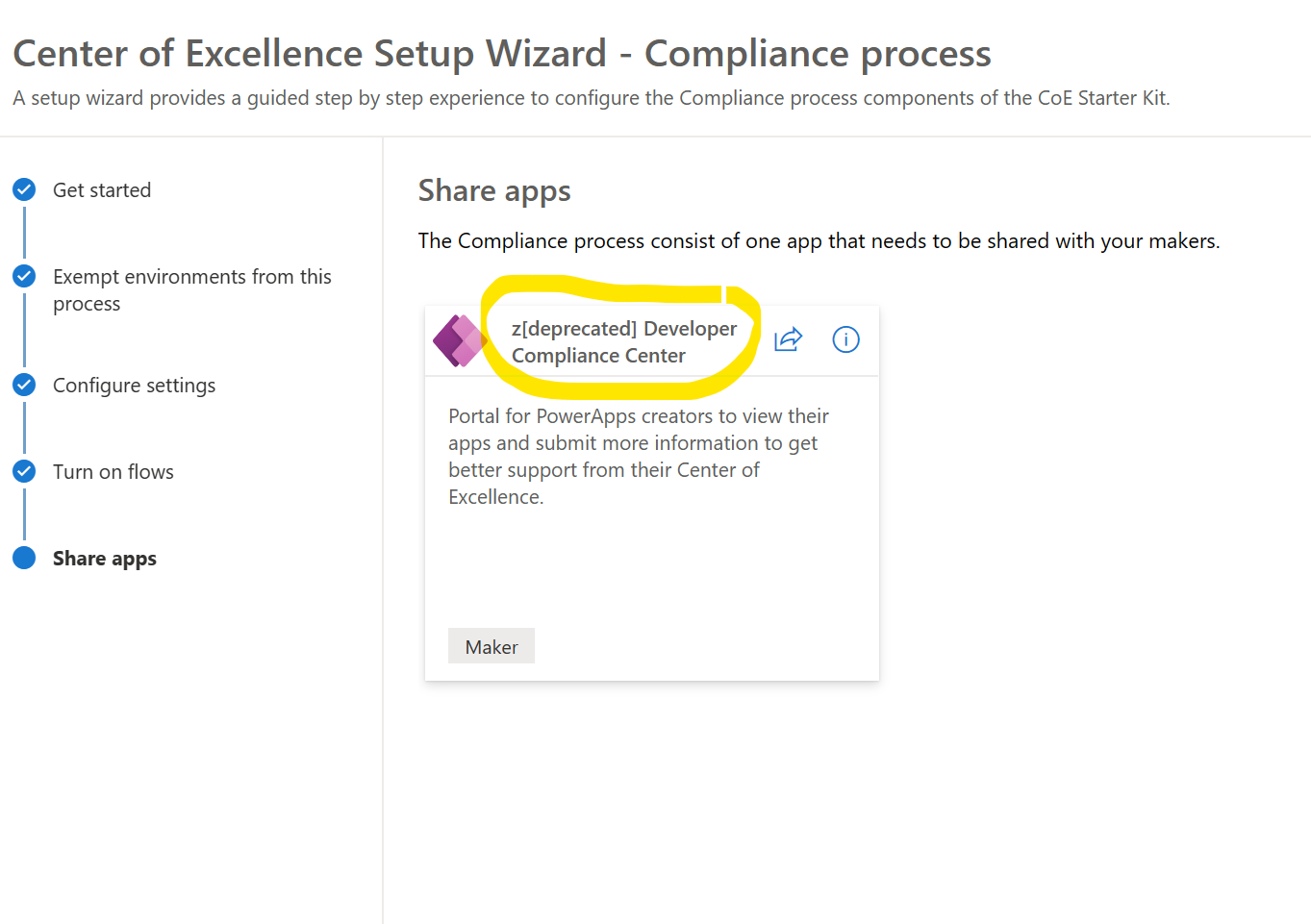 [CoE Starter Kit - BUG] - CoE Compliance setup Wizard - share Apps steps pointing to deprecated ...