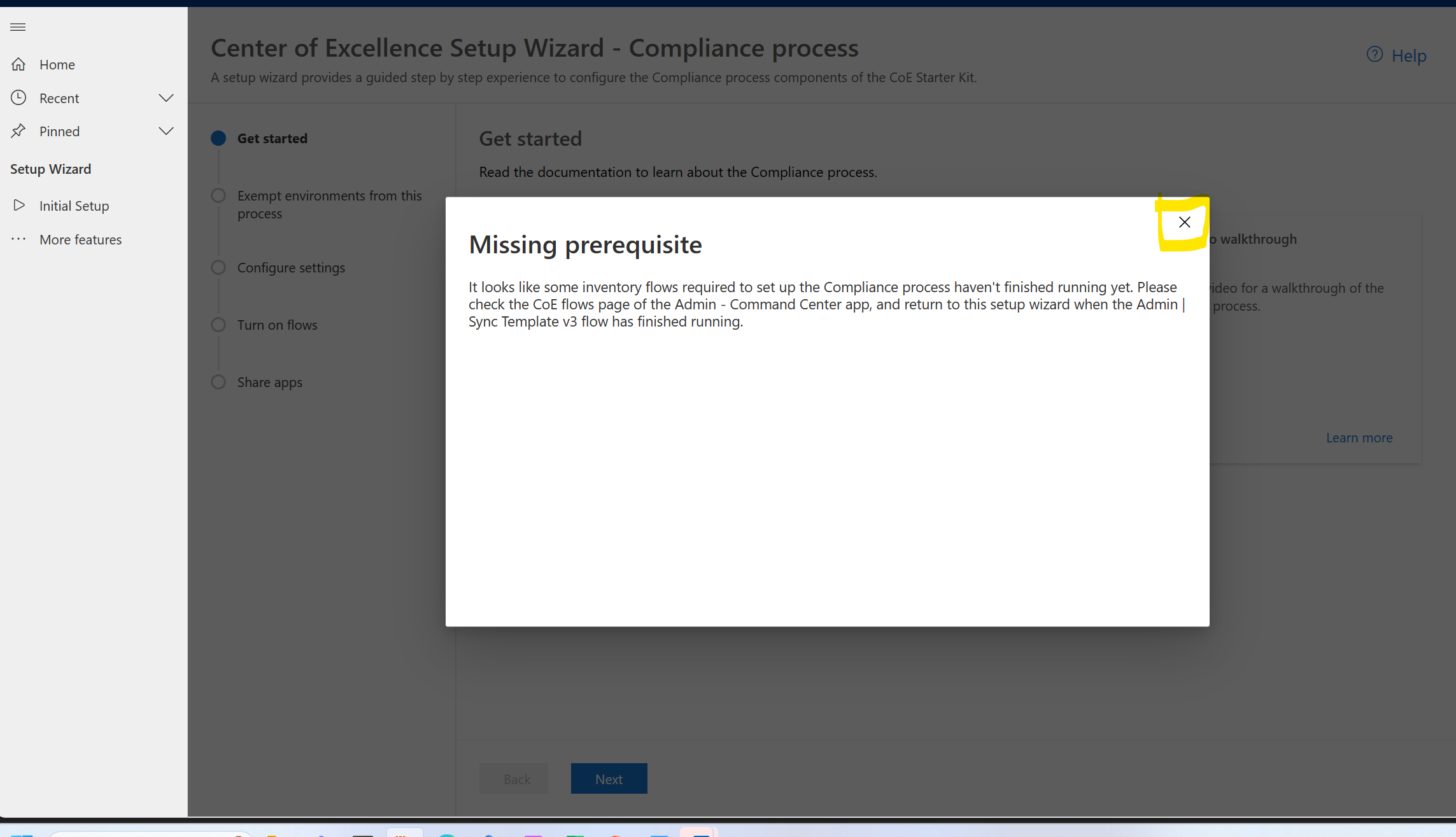 Coe Starter Kit Bug Compliance Process Wizard Can Not Be Closed