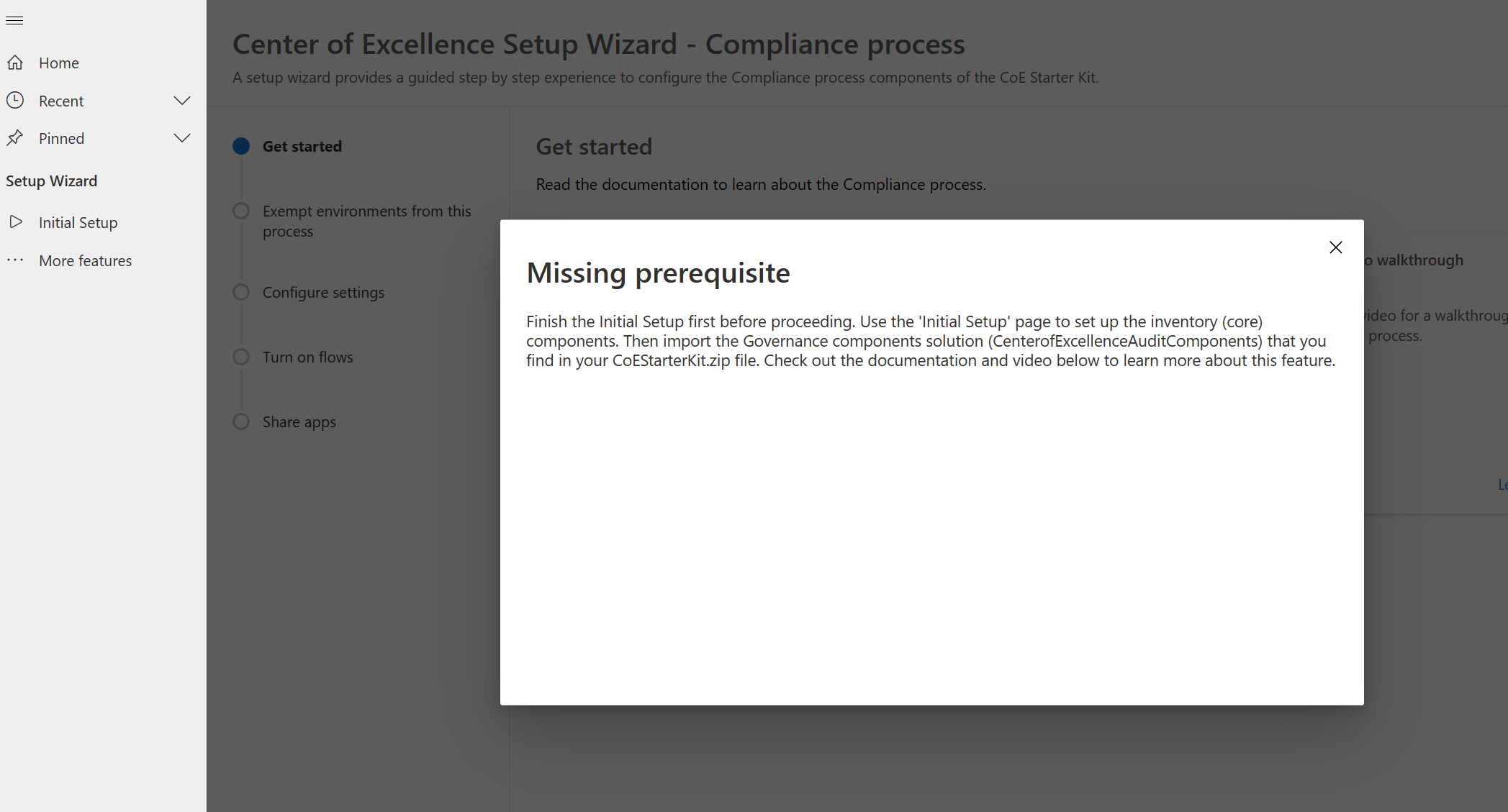 [CoE Starter Kit - BUG] CoE Setup Wizard stuck in Compliance process (Missing prerequisite ...