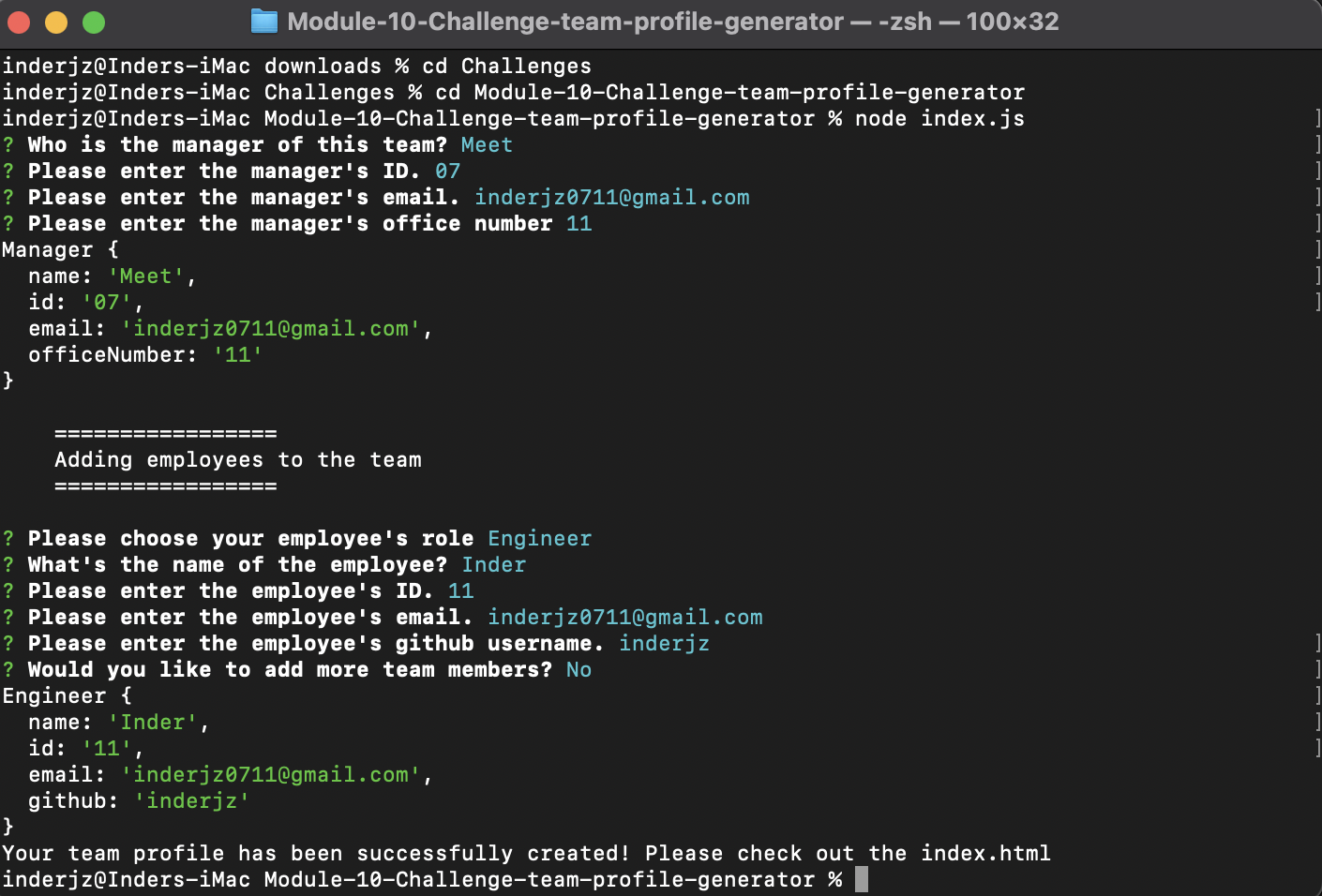 Github Inderjzmodule 10 Challenge Team Profile Generator