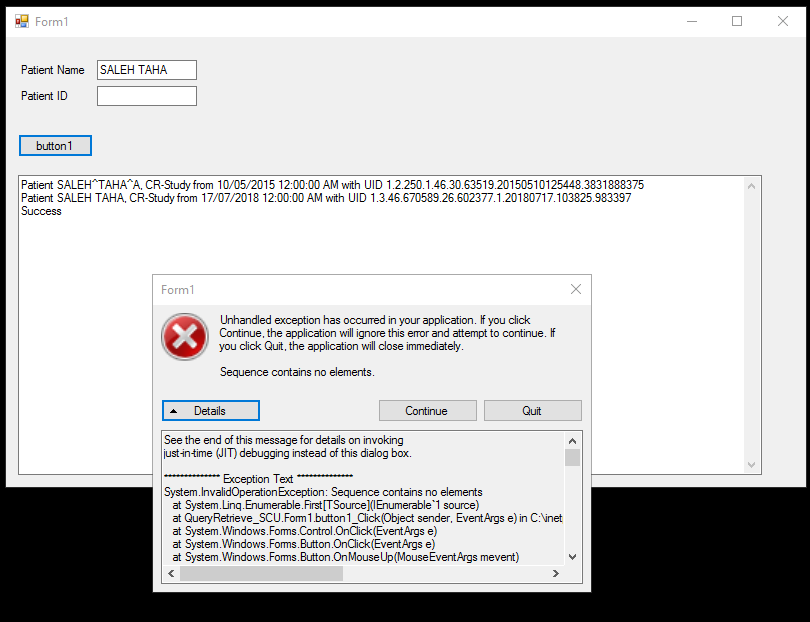 Onresponsedicomcfindrequest Req Dicomcfindresponse Res Object Reference Not Set To An 