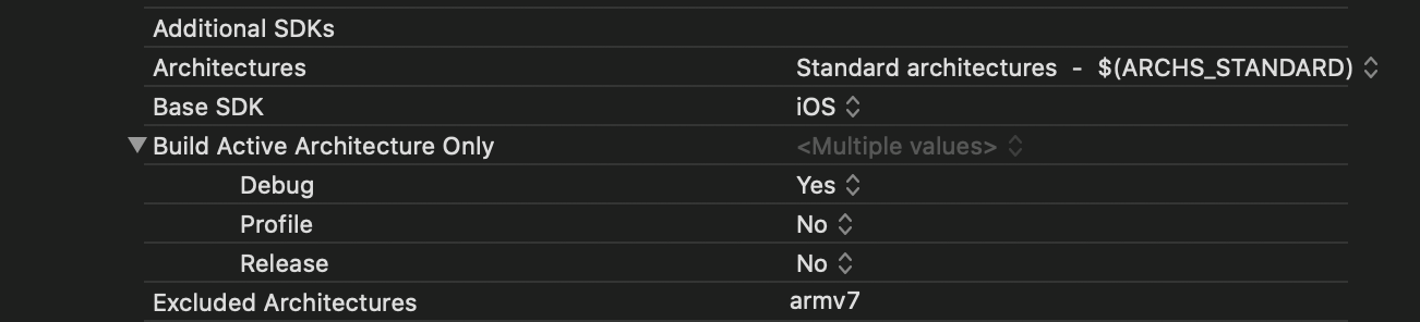 ignoring file building for iOS-armv7 but attempting to link with file built for iOS-arm64 ...