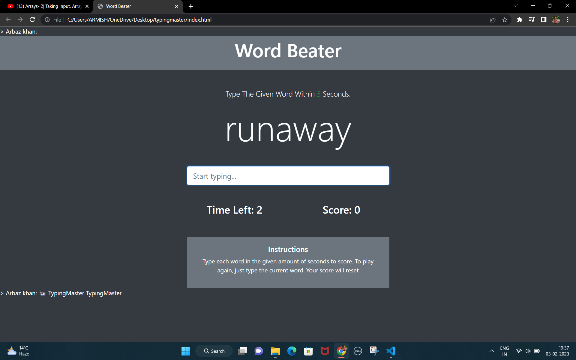 Github Arbaz0007typingmaster Simple Webpage Built Using Html Css Javascript Using Dom Function