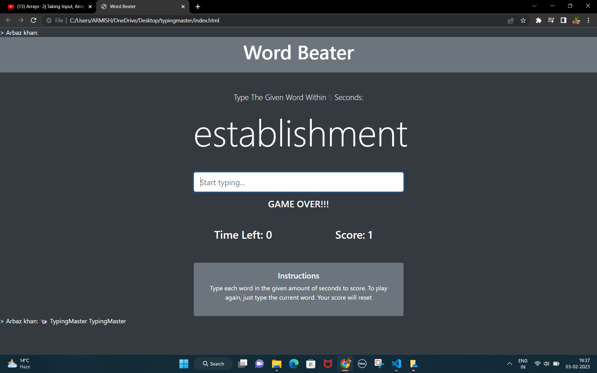 Github Arbaz0007typingmaster Simple Webpage Built Using Html Css Javascript Using Dom Function