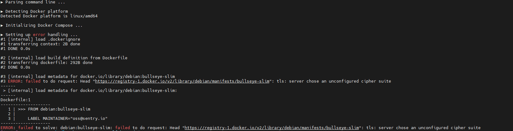 Can not succesfully deploy Sentry because of registry-1.docker.io/v2/library/debian/manifests ...
