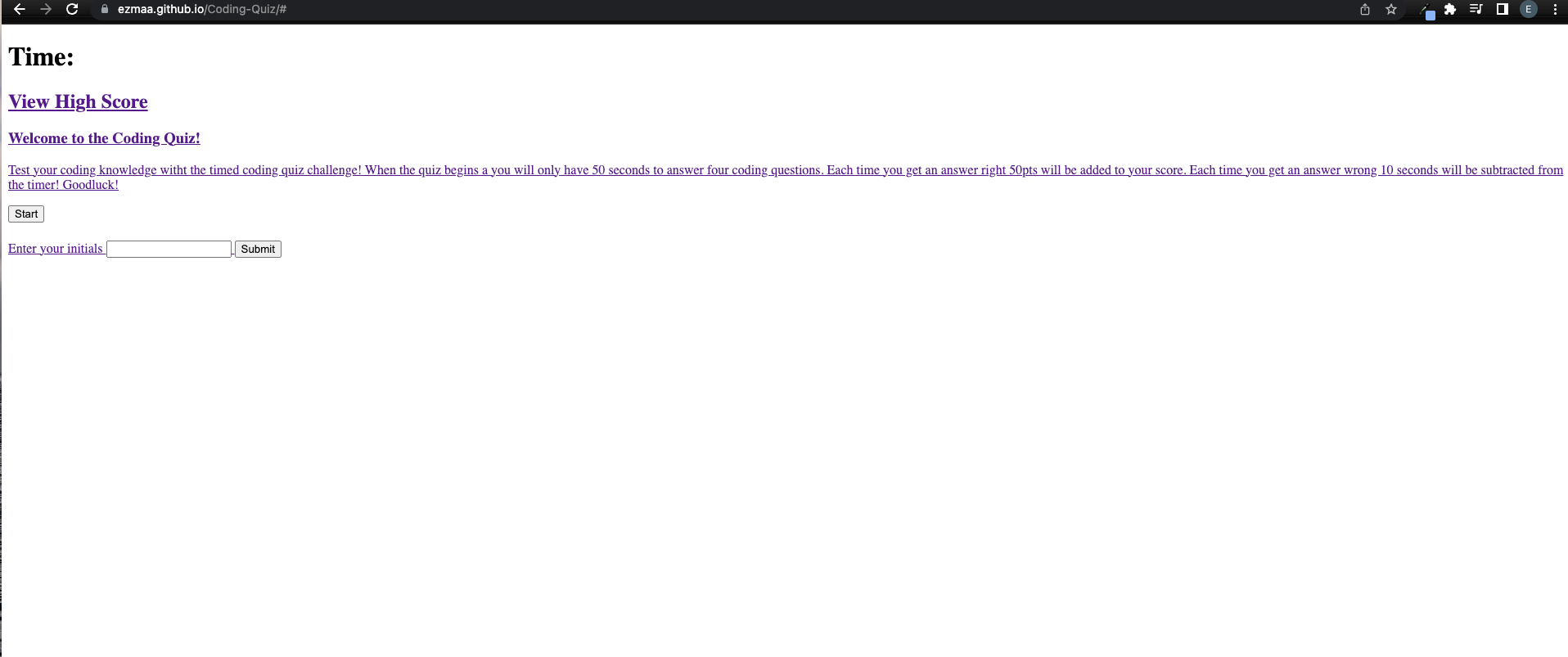 GitHub - Ezmaa/Coding-Quiz: A quiz that will be taken in a certain amount of time and also logs ...