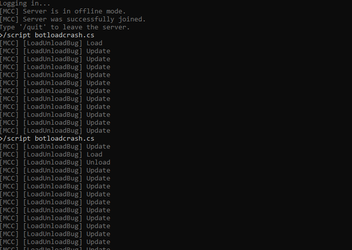 Loading and unloading of bots are unreliable · Issue #1510 · MCCTeam/Minecraft-Console-Client ...