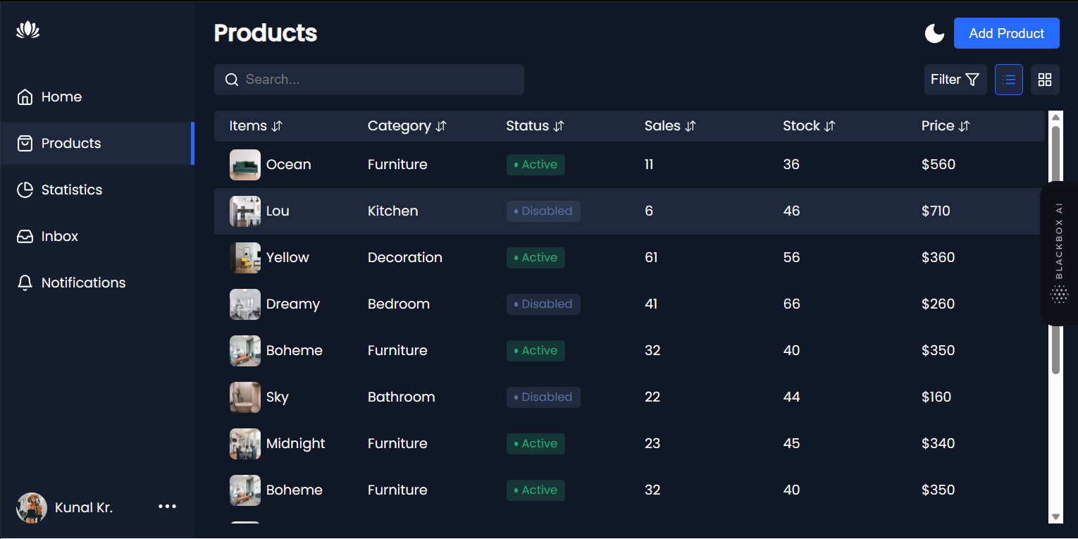 PRODUCT DASHBOARD UI · GitHub
