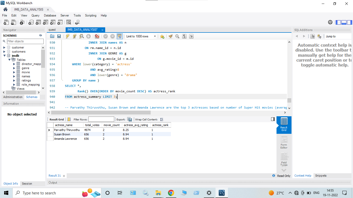 Github Rohan9971sqlimdbmoviesdatasetanalysis Sql Queries Have Been Performed On Imdb
