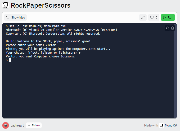 GitHub - LachezarLalov/ConsoleGame-RockPaperScissors: Console game - Rock Paper Scissors.