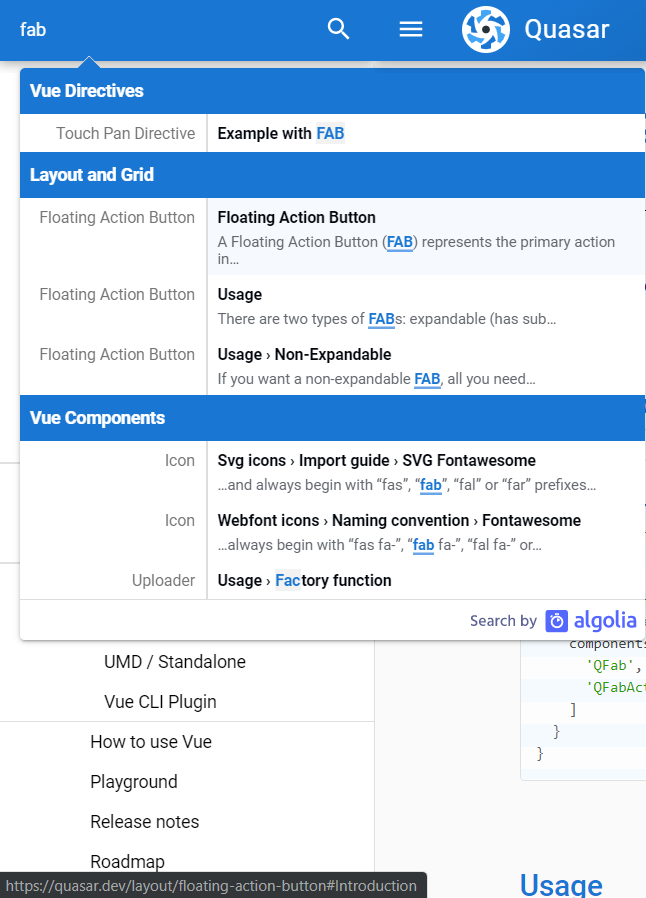 Dead link when searching "fab"[docs] · Issue #6346 · quasarframework/quasar · GitHub