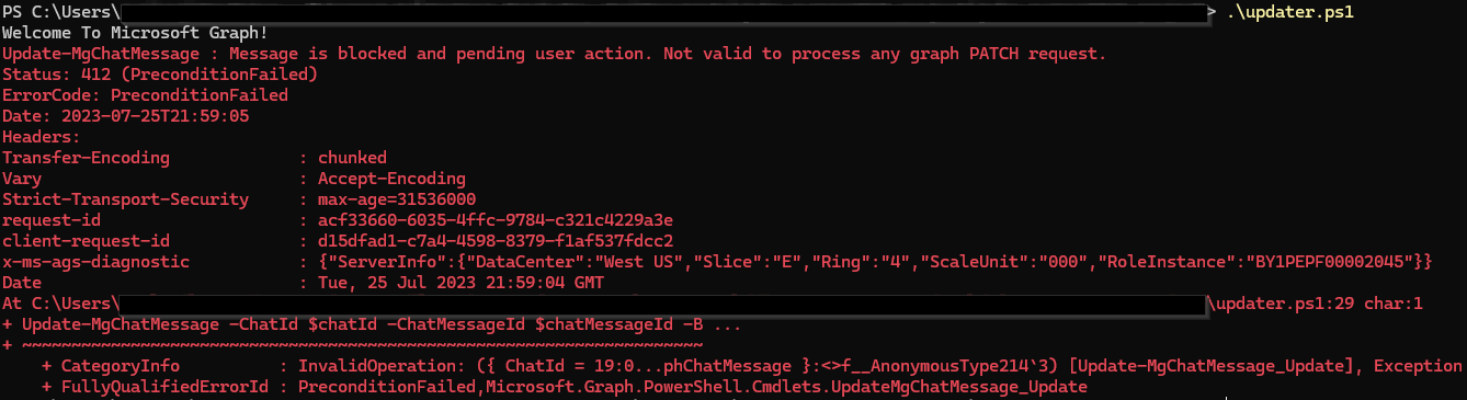Why Is Update Chatmessage With Application Permissions Not Working 412 Preconditionfailed