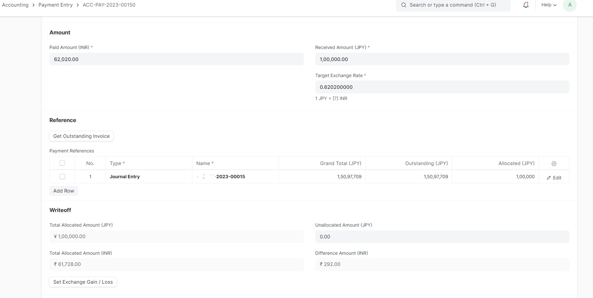 exchange gain/loss amount wrong when payment is made to creditor against opening entry created ...
