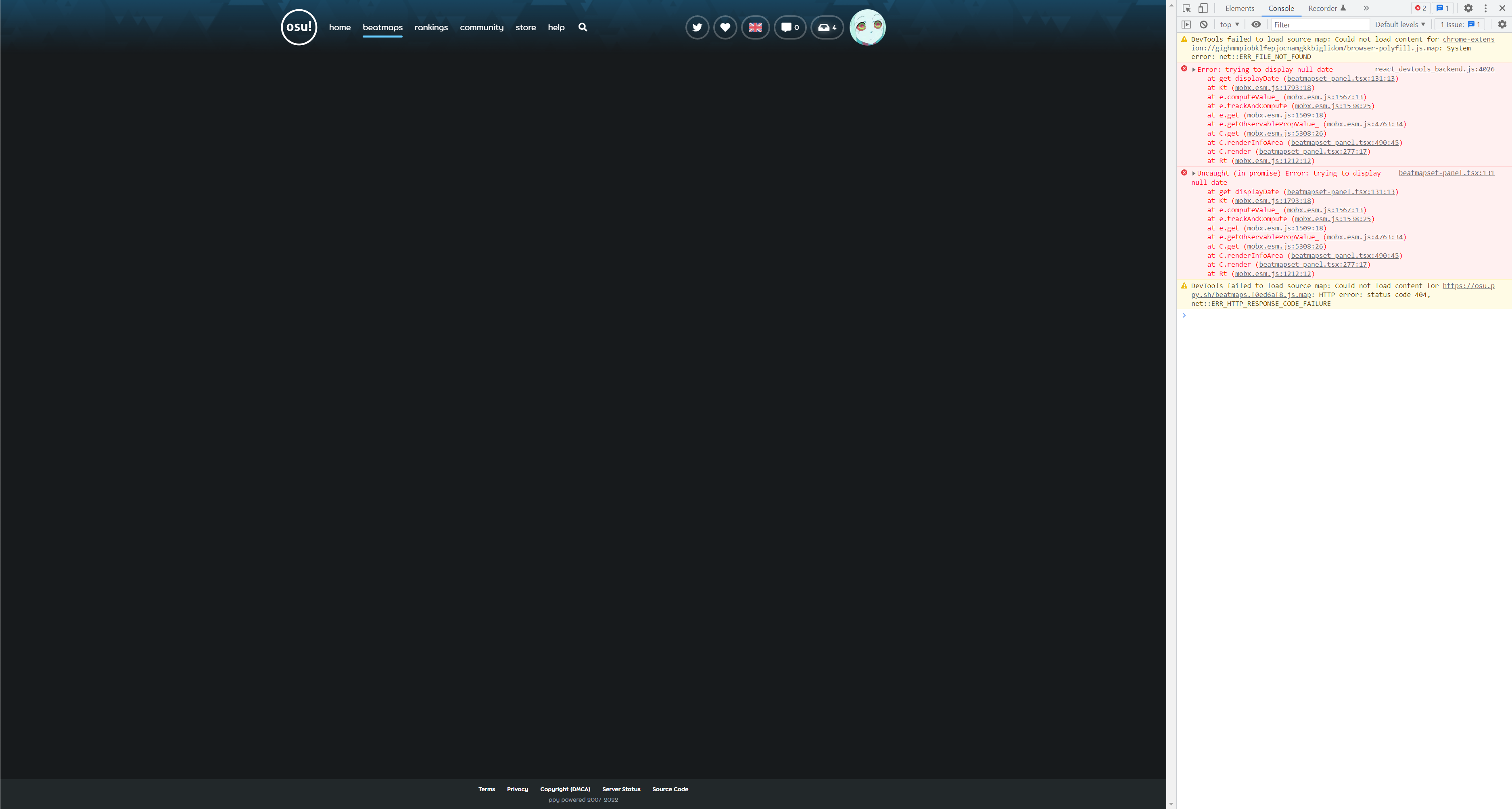 Beatmap listing error on the website · Issue #9406 · ppy/osu-web · GitHub