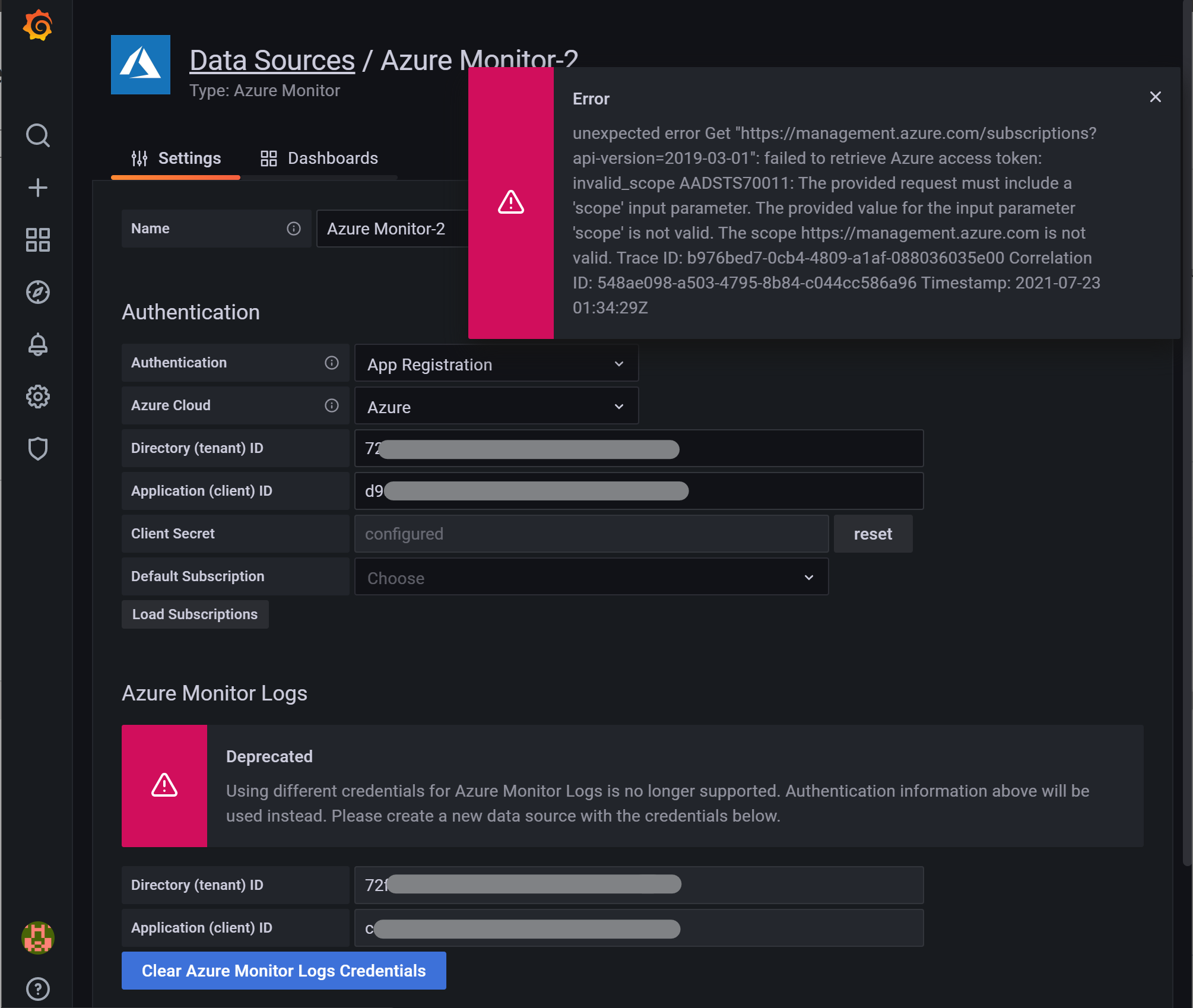 AzureMonitor: Scope error in configuration UI when legacy "same as" is false · Issue #37134 ...