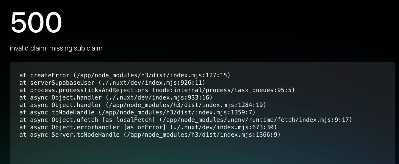 Upgrade @nuxtjs/supabase from 0.3.x to 1.0.x: 500 error > invalid claim: missing sub claim ...