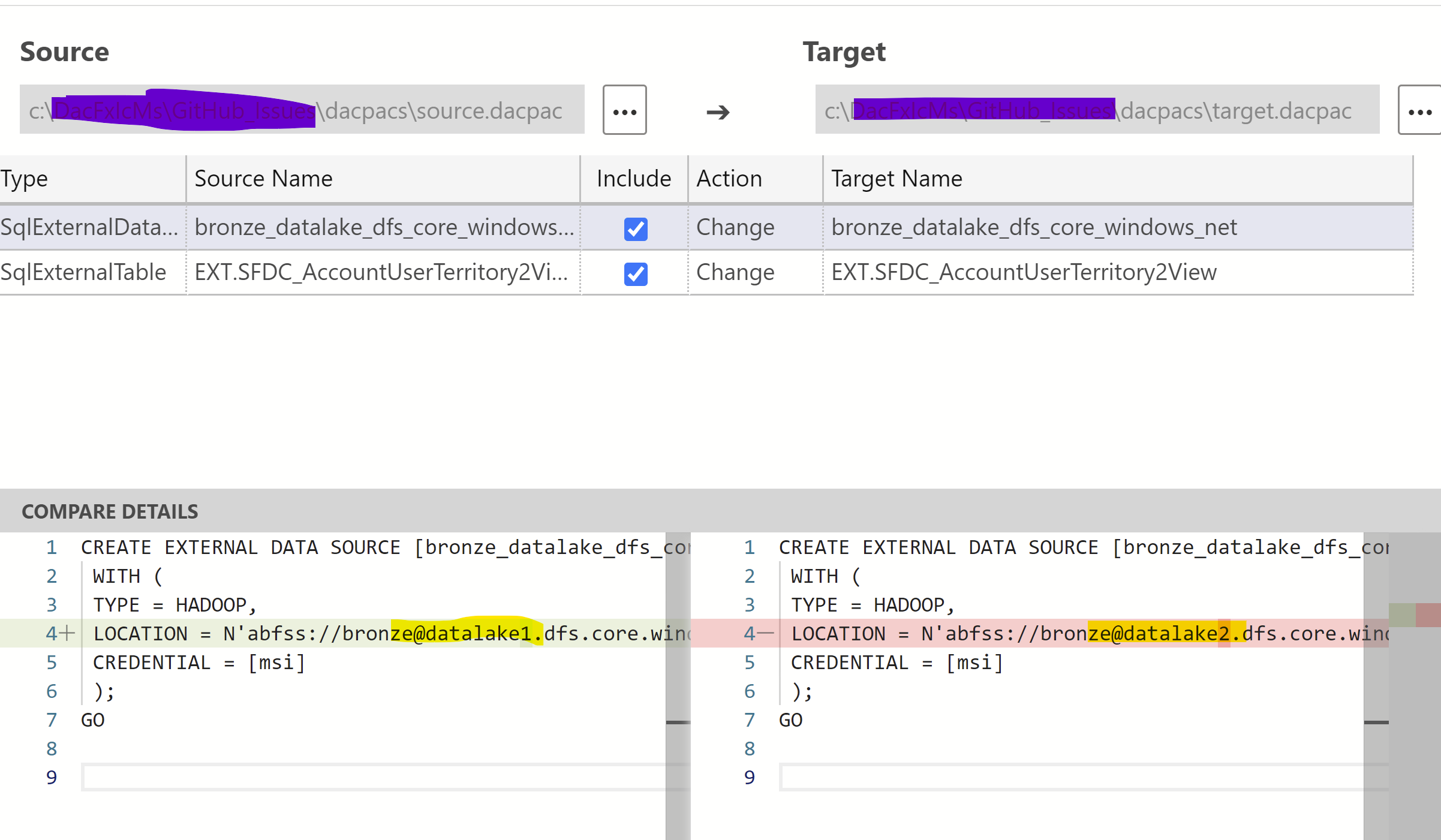 Schema compare between 2 databases with external tables doesn't work · Issue #270 · microsoft ...