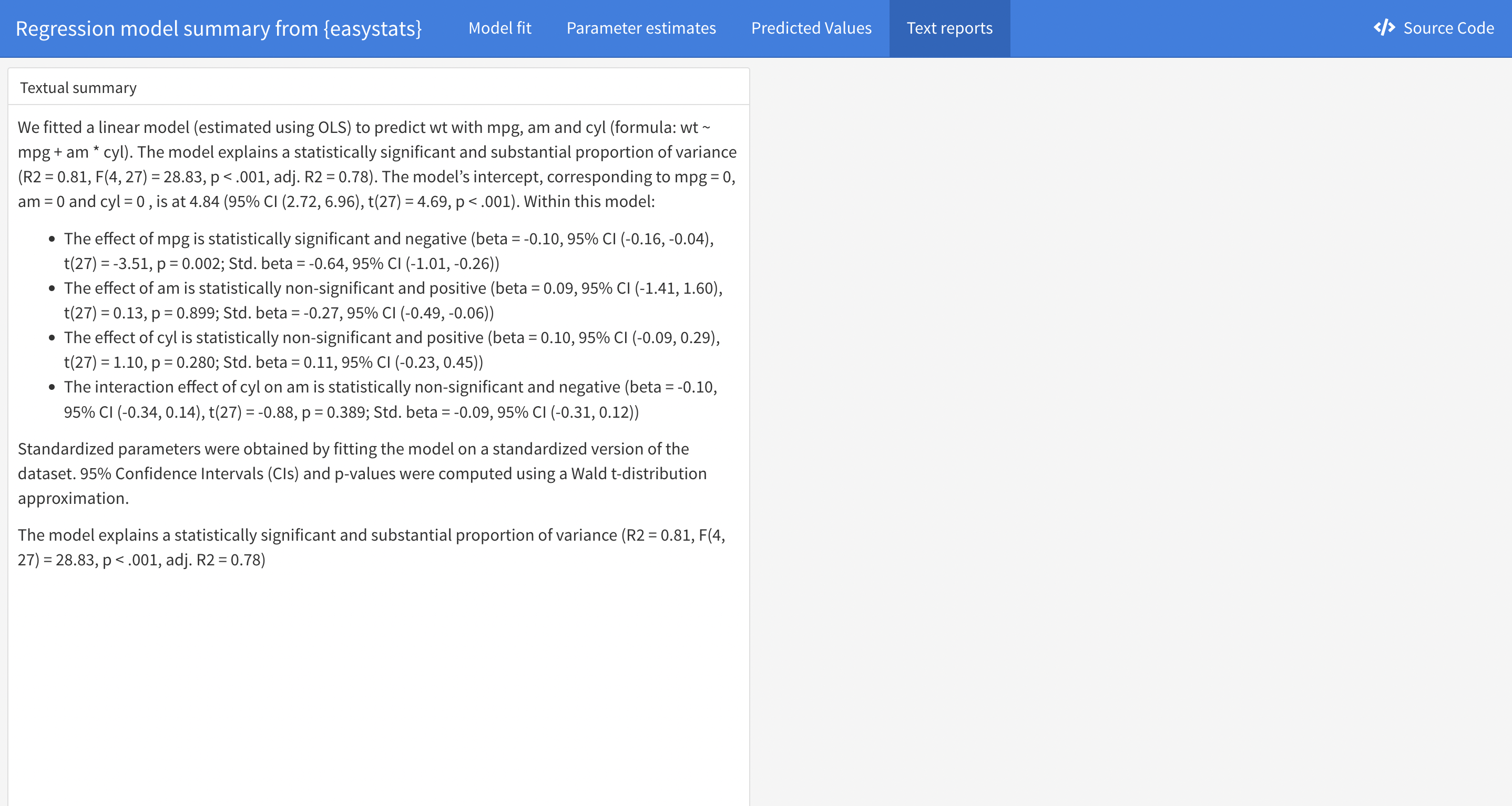 Improving on the "Text reports" page of the dashboard · Issue #261 · easystats/easystats · GitHub