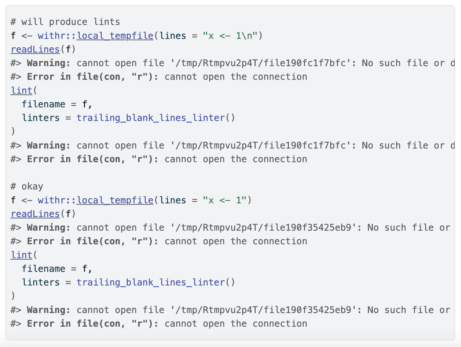 Fix examples using temporary files · Issue #1887 · r-lib/lintr · GitHub