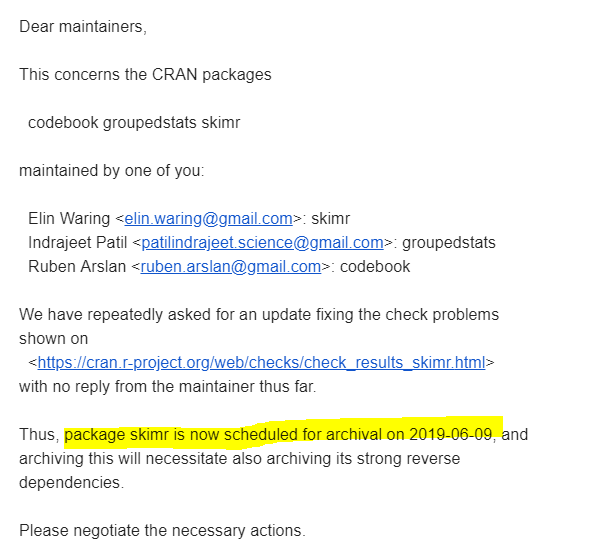 skimr is scheduled for archival on CRAN · Issue #455 · ropensci/skimr ...