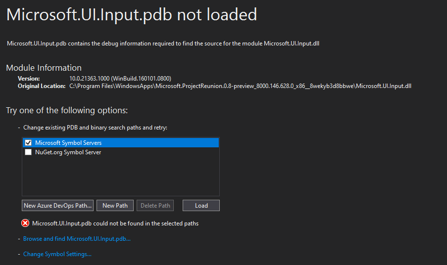 Missing symbols for many Project Reunion binaries. · Issue #884 · microsoft/WindowsAppSDK · GitHub