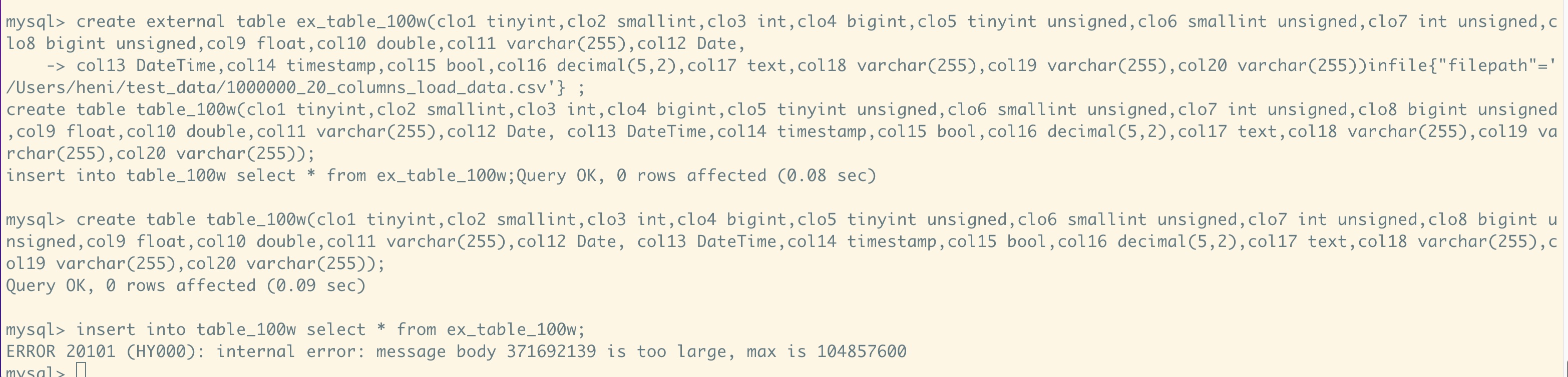 Bug Insert Into Table Select From External Table Which 100w Rows Reported Error · Issue