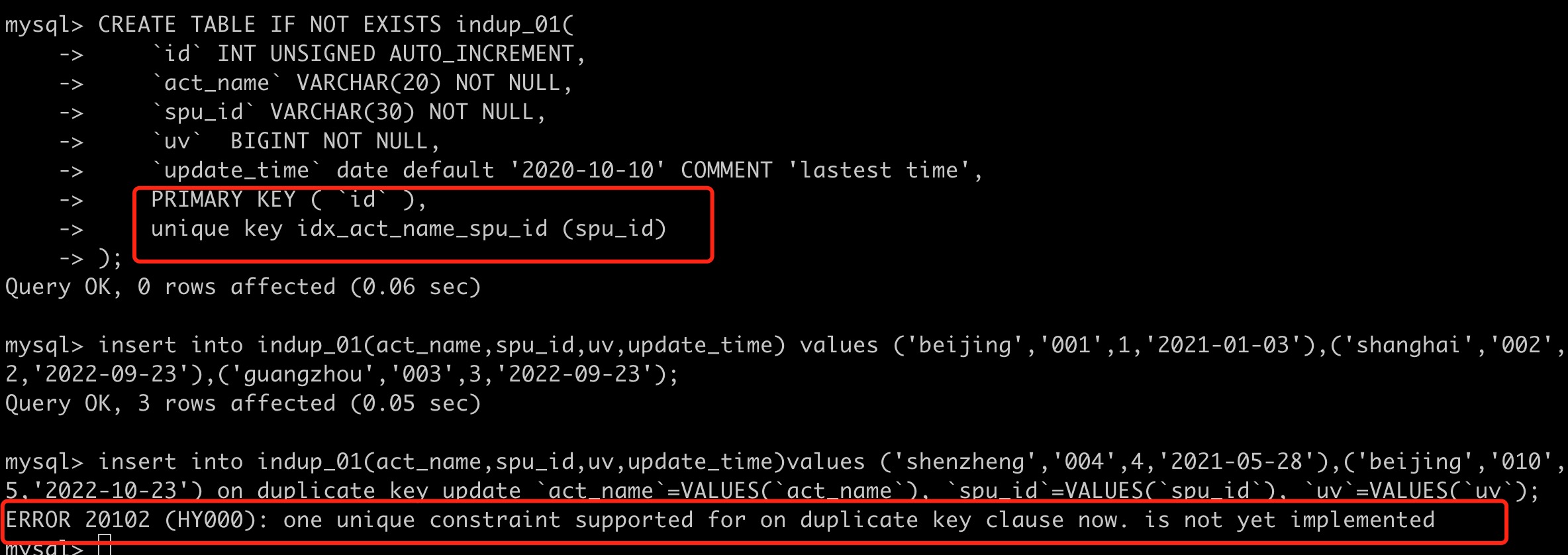 [Bug]: insert duplicate key which ddl include pk and unique constraint reported not supported ...