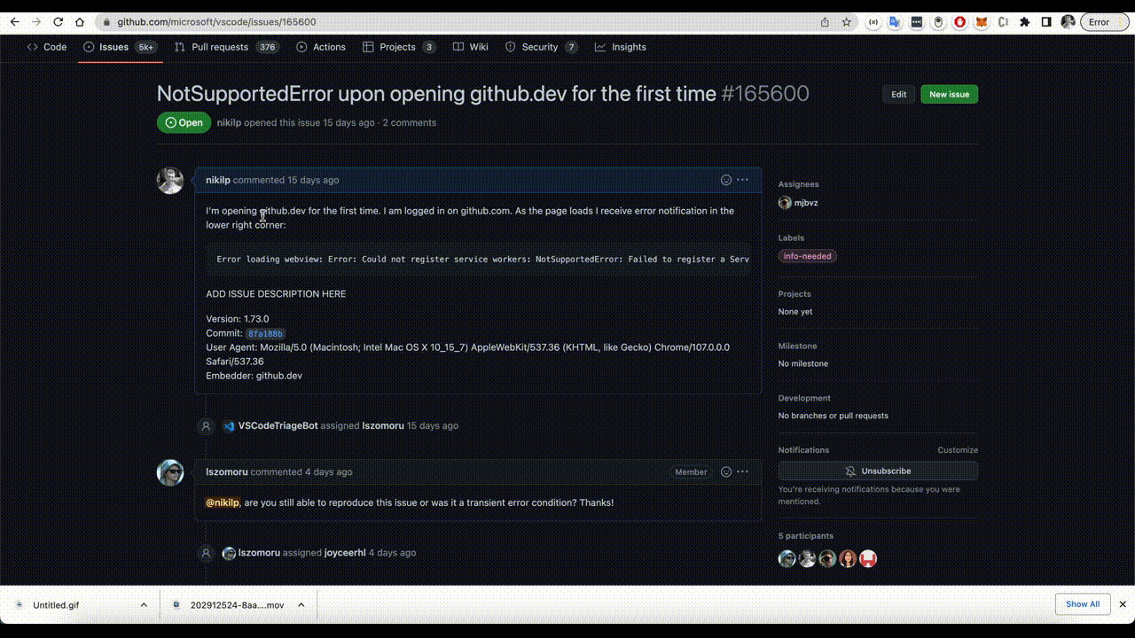 NotSupportedError upon opening github.dev for the first time · Issue #165600 · microsoft/vscode ...