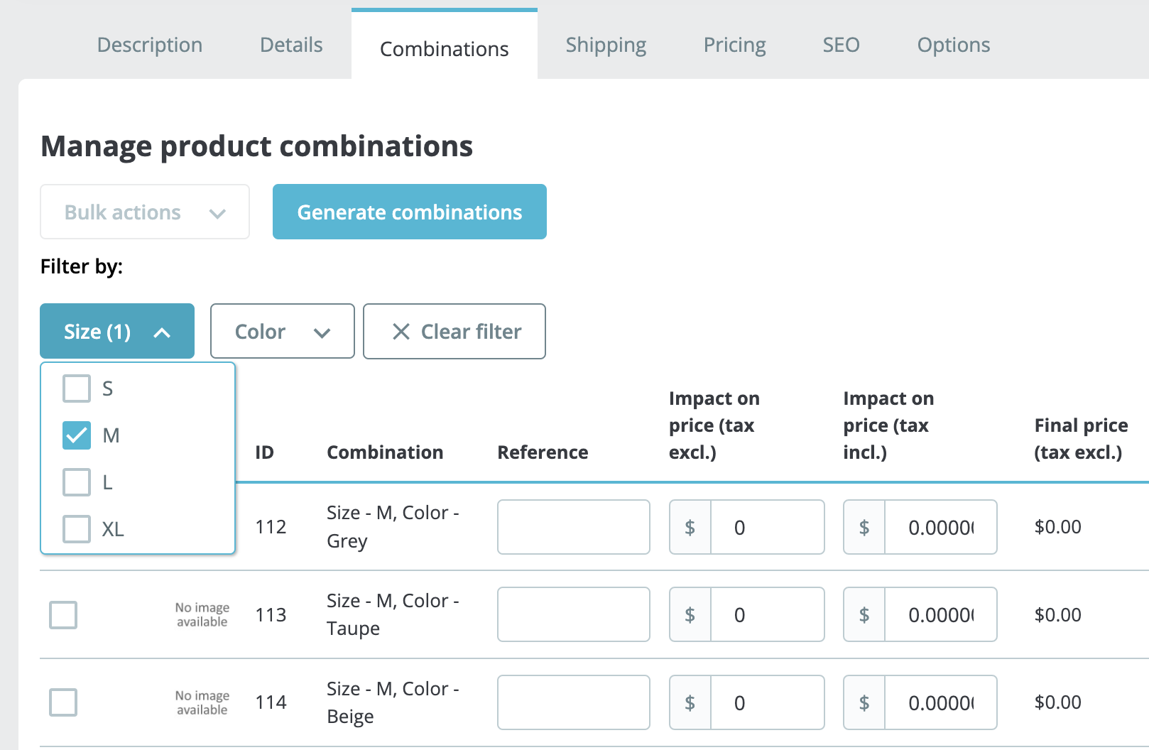Clear filters button on Product combinations page not displaying right ...