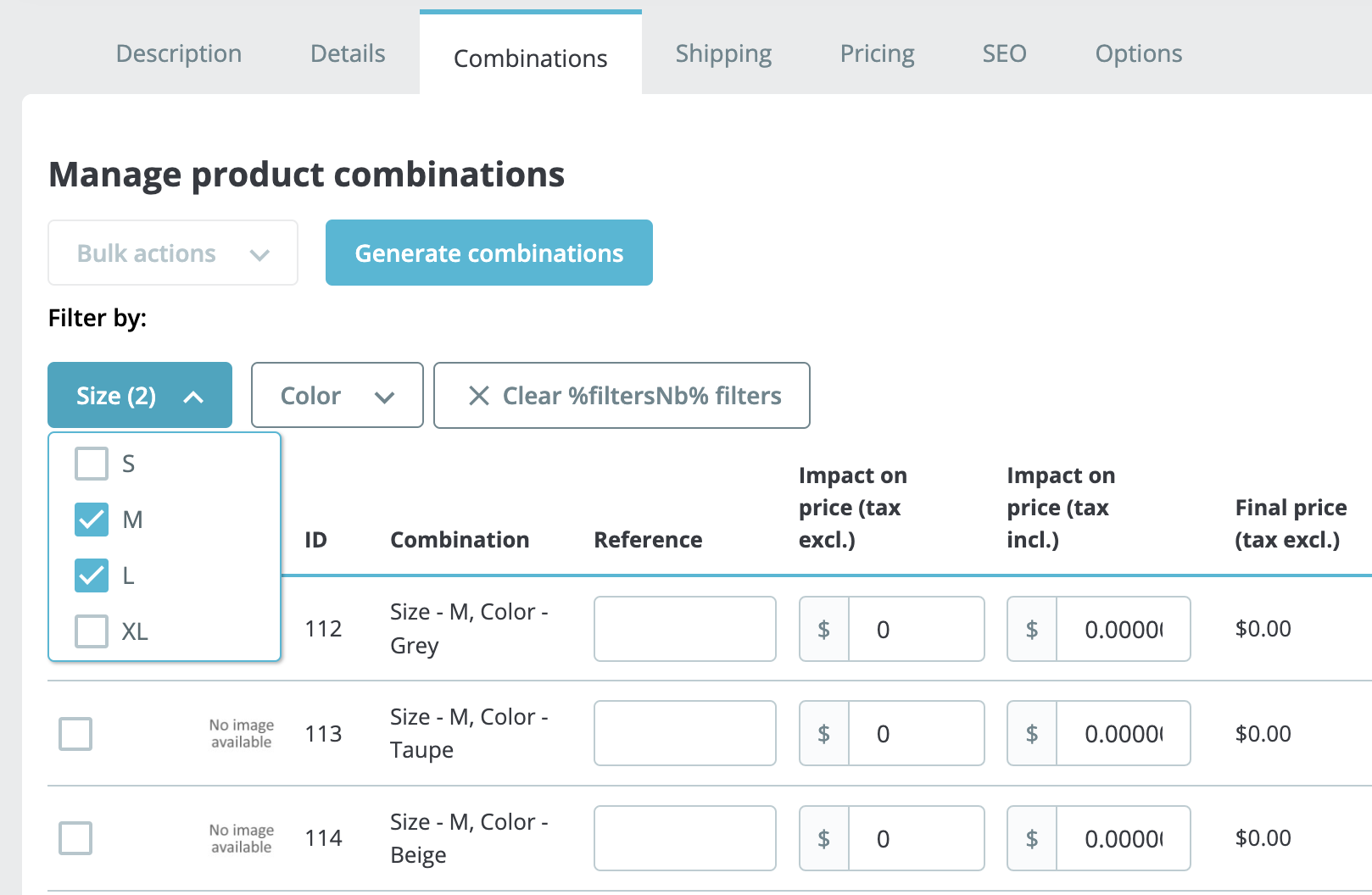 Clear filters button on Product combinations page not displaying right value PS 8.1.0 · Issue ...